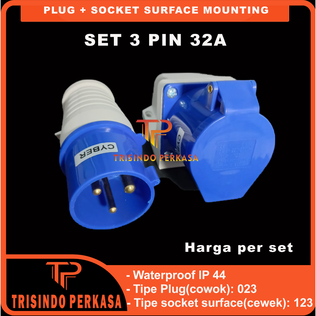 Jual Plug Steker Socket industri/Industry Surface Mounting 3 Pin 3P 32A (023+123) IP44 3 Kaki ...