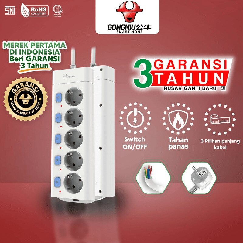 Jual GONGNIU Stop Kontak 5 Lubang Panjang 1,5M 3M 5M Stop Kontak Kabel Grounding Saklar Single ...