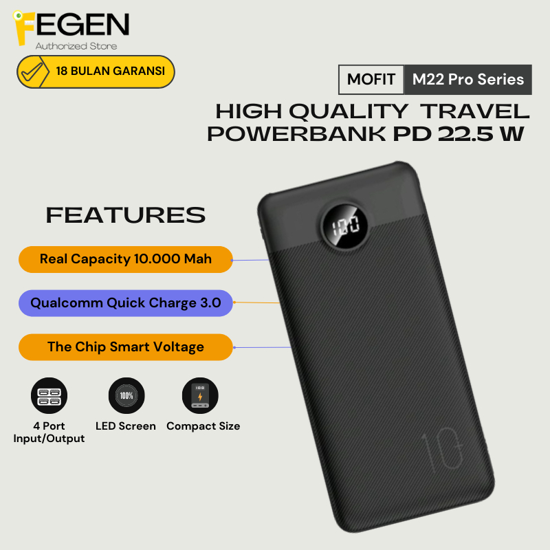 Jual FEGEN PowerBank MOFIT M22 PRO 22.5W QC 3.0 + PD Power Delivery ...
