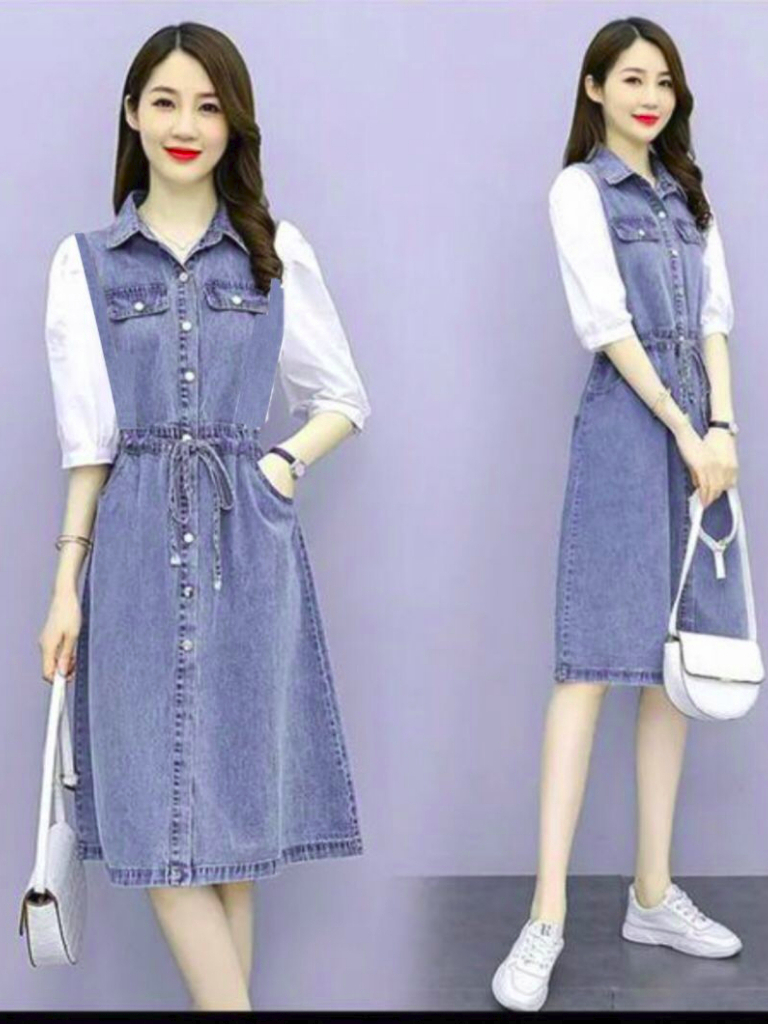 Jual SEVEN.CLOTH VIA DRESS JEANS PAKAIAN WANITA KOMBINASI KATUN LENGAN ...