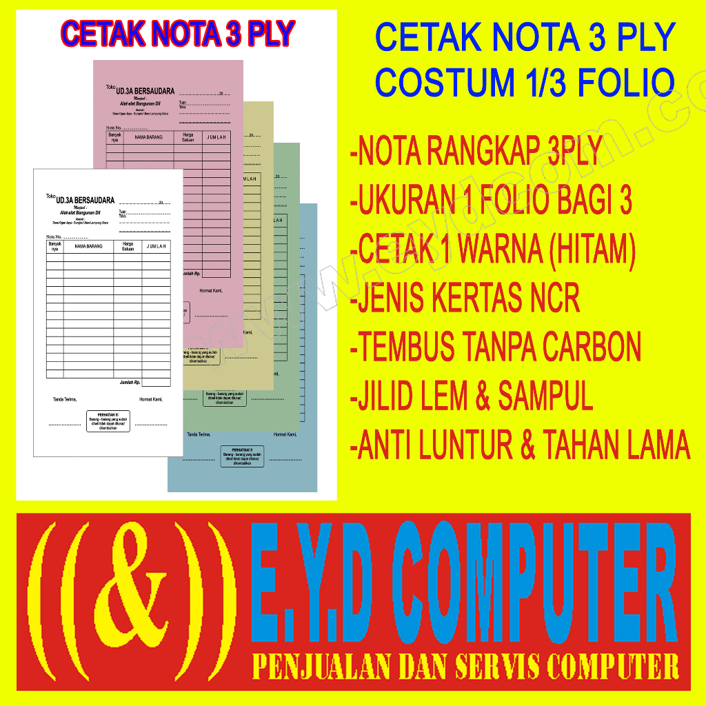 Jual CETAK NOTA 3 PLY 1 FOLIO BAGI 3 KERTAS NCR COSTUM ISI RANGKAP CEK BON KWITANSI SURAT JALAN ...