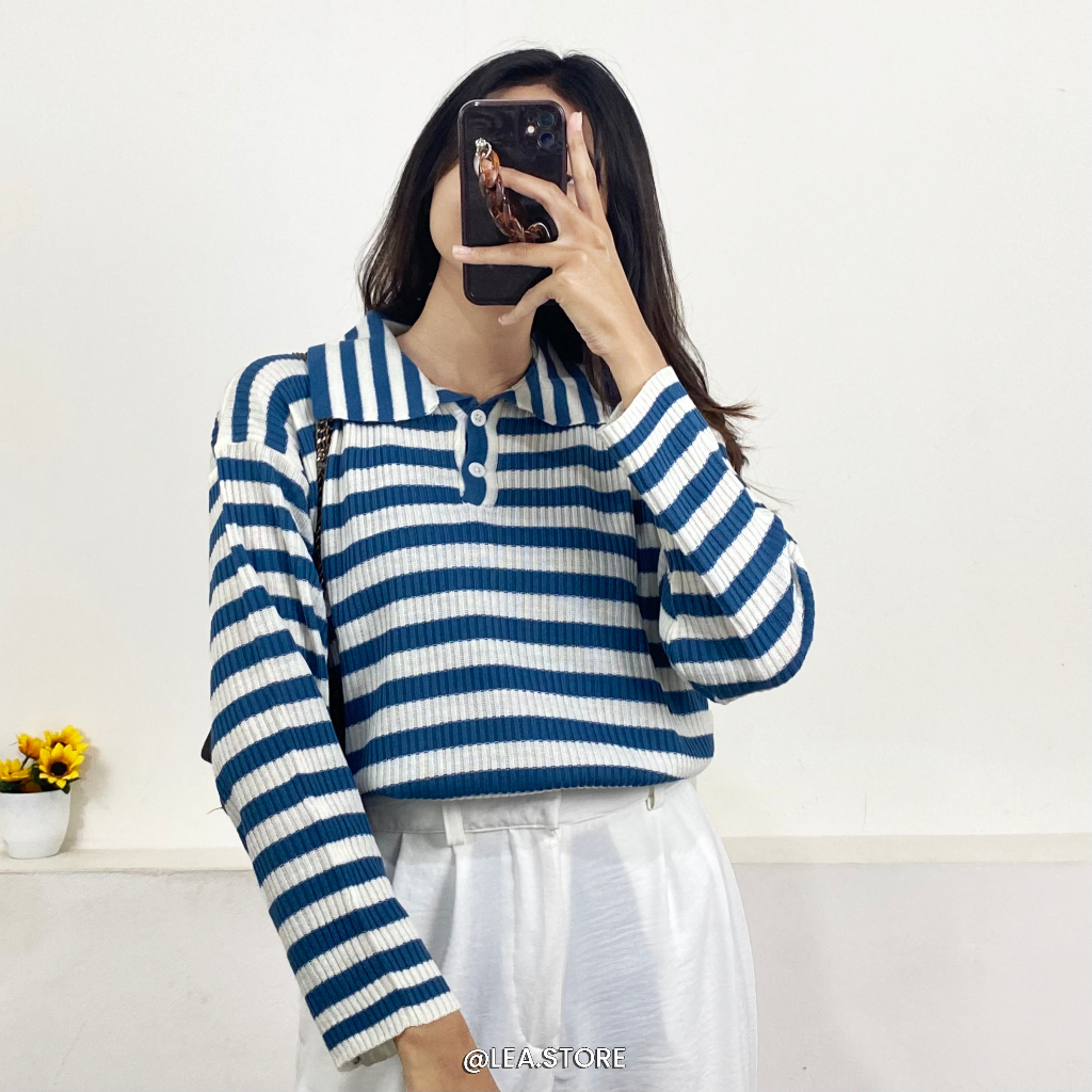 Jual JANITRA STRIPE KNITTED / POLO RAJUT WANITA / LEA STORE | Shopee ...