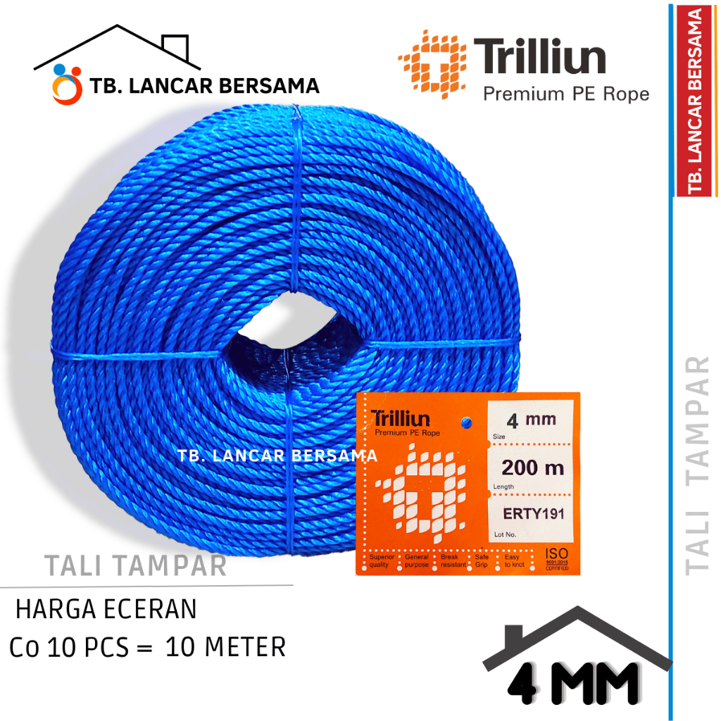 Jual TALI TAMPAR Uk 4 MM TRILLIUN ROPE 4 MM / JUAL ECERAN / HARGA PER ...
