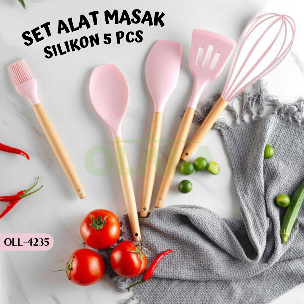 Jual ALAT MASAK SET SPATULA SUTIL SET 5IN1 SILICONE GAGANG KAYU UTENSIL ...