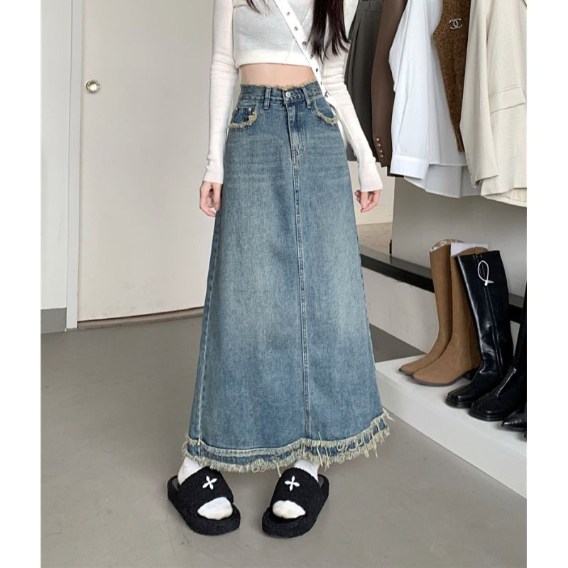 Jual Korean Style Highwaist Rok Jeans Fishtail Rawis Biru Retro ...