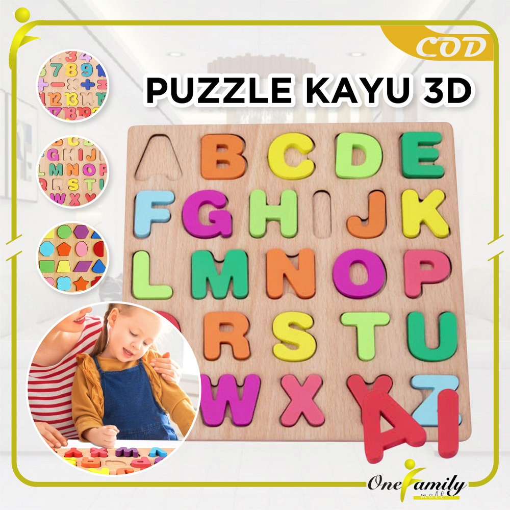 Jual ONE-M313 Mainan Edukasi Anak Puzzle Kayu 3D Huruf Angka dan Bangun ...