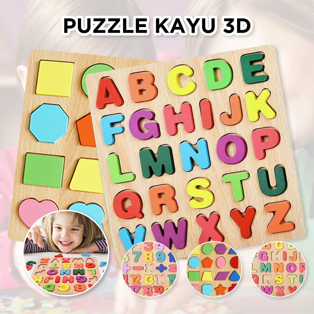 Jual Mainan Edukasi Anak Puzzle Kayu 3D Huruf Angka dan Bangun Datar ...