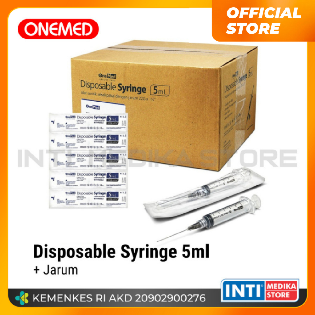 Jual ONEMED - Spuit 5cc BOX | Disposable Syringe 5ml | Jarum Suntik 22G | Shopee Indonesia