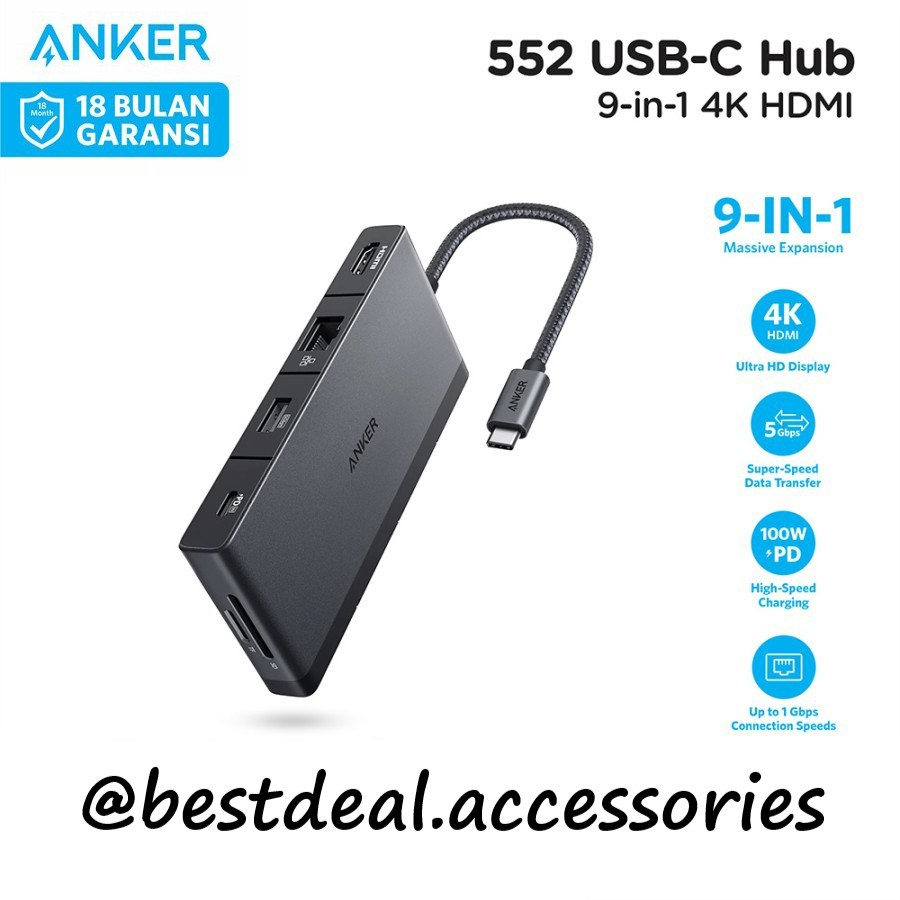 Jual Anker 552 USB-C Hub (9-in-1) USB3.0 4K HDMI RJ45 100W PD - A8373 | Shopee Indonesia