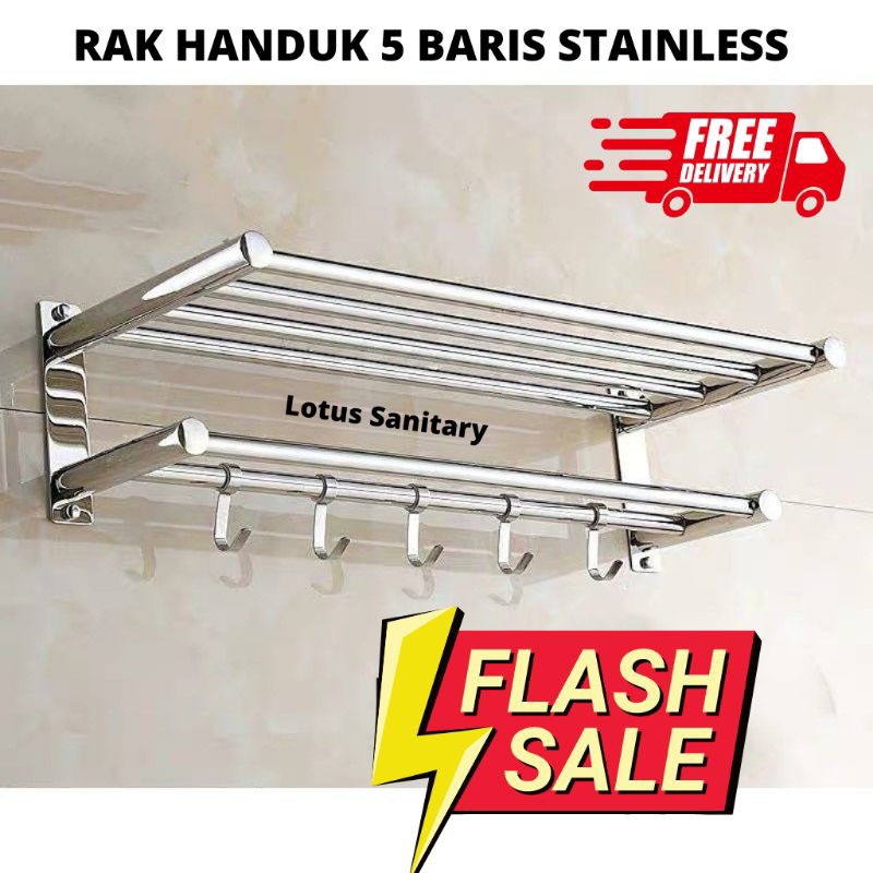Jual rak handuk 5 baris / 5 susun stainless steel + kapstok 4 Kait 60cm ...