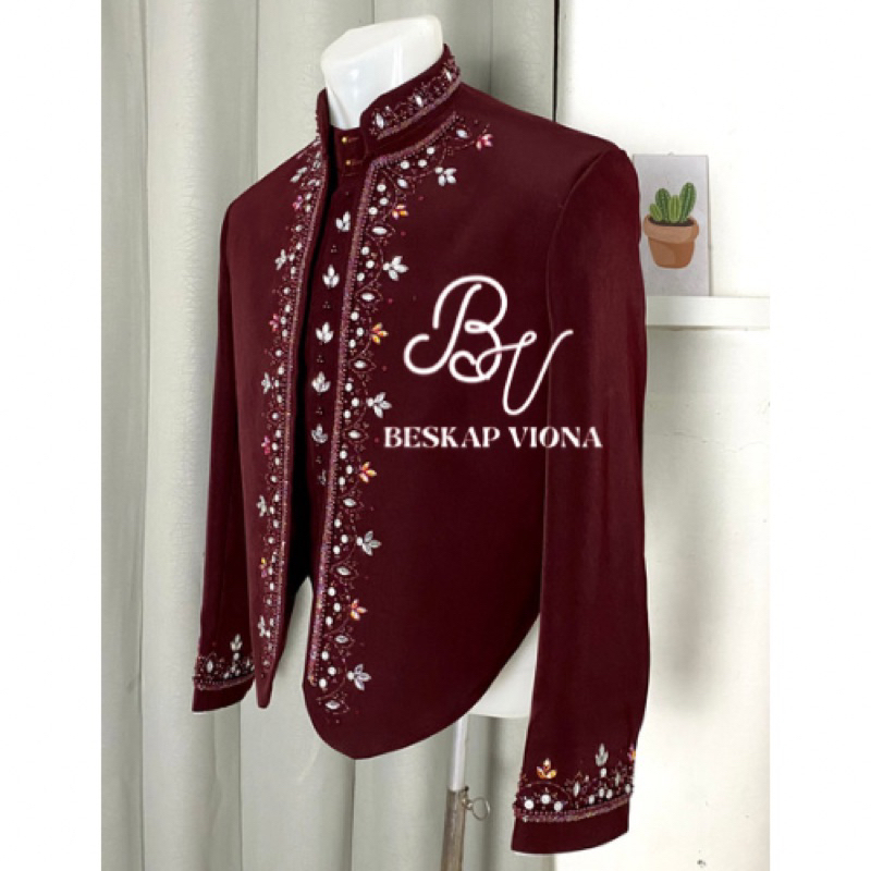 Jual [Beskap Vionaa] Beskap Jawa Maroon Motif Permata Bunga Premium ...
