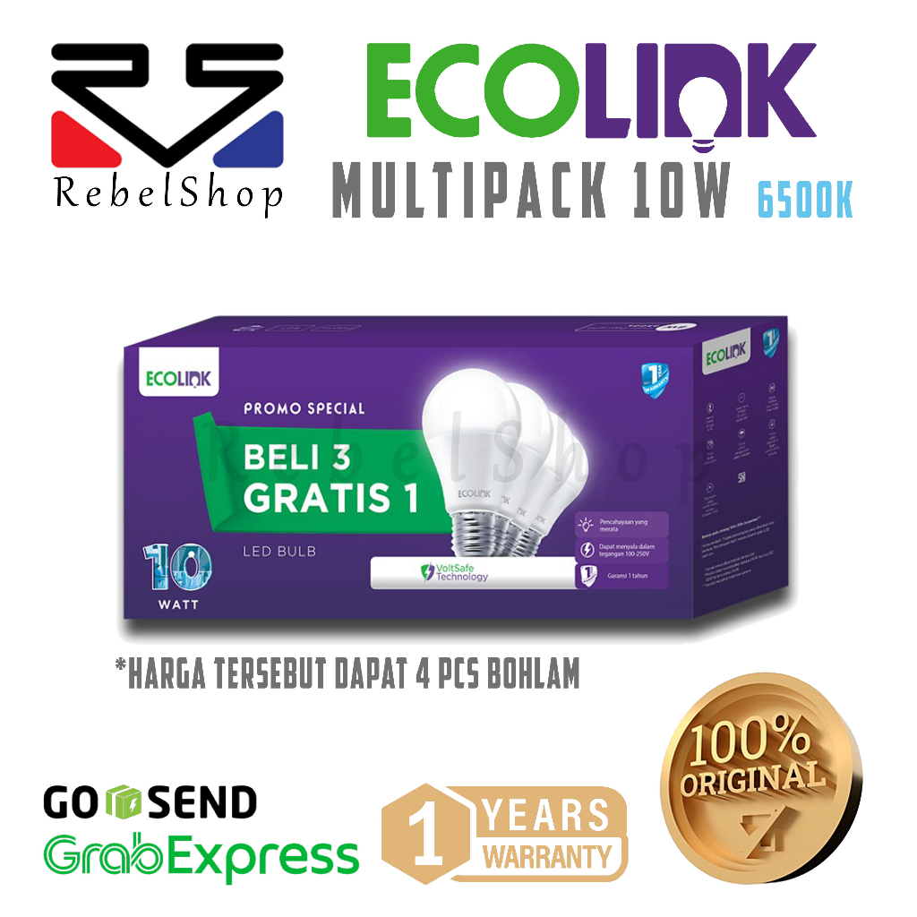 Jual Lampu Ecolink 3 Free 1 LED Bulb Multipack 10W Putih - 10Watt 10 ...