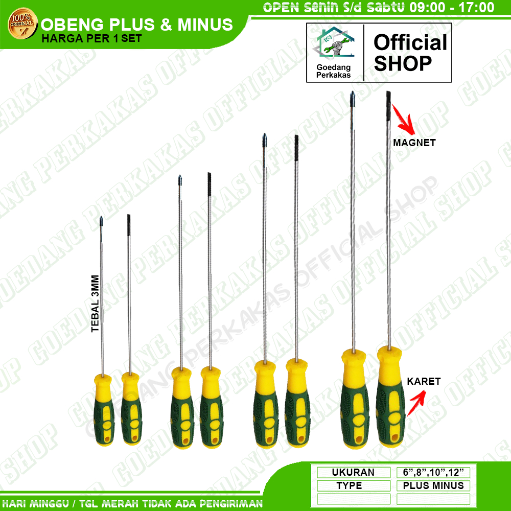 Jual Obeng Magnet Set Plus Minus 6" 8" 10" 12" Obeng Setting Motor ...