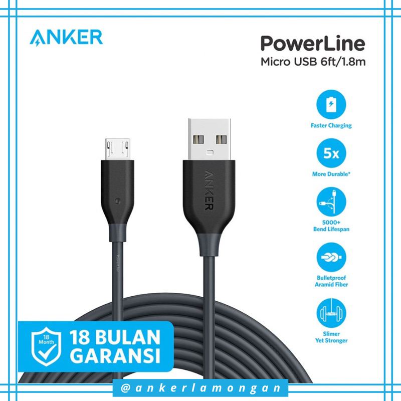Jual Kabel Charger Anker PowerLine Micro USB 6ft / 1.8m A8133 ...