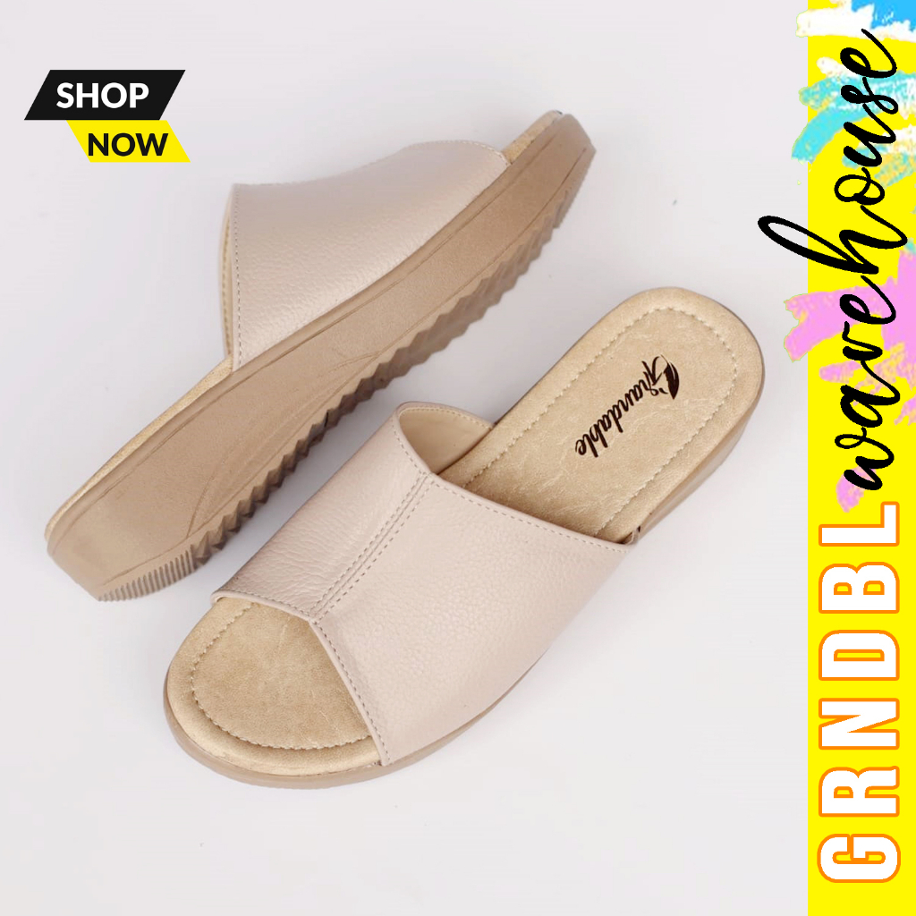 Jual GRNDBL X REINA Sandal Sendal Wedges 3 Cm Selop Slop Kulit asli ...