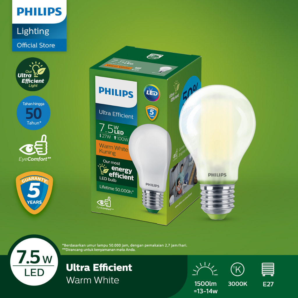 Jual Philips LED Bulb Ultra Efficient – 7.5W E27 2700K Warm White - Kuning | Shopee Indonesia