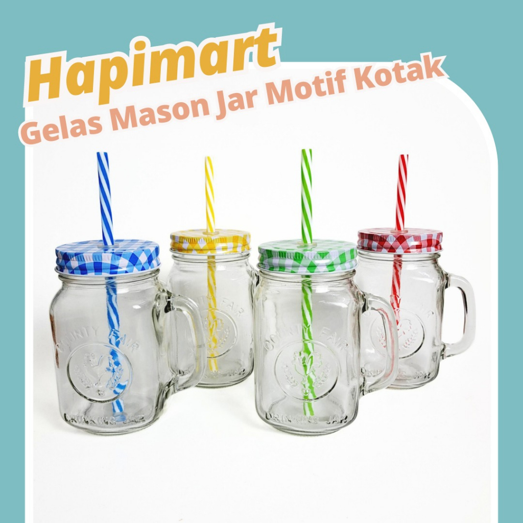 Jual Gelas kaca Mason Jar Tutup Motif Kotak/Mug Kaca Bening Aesthetic ...