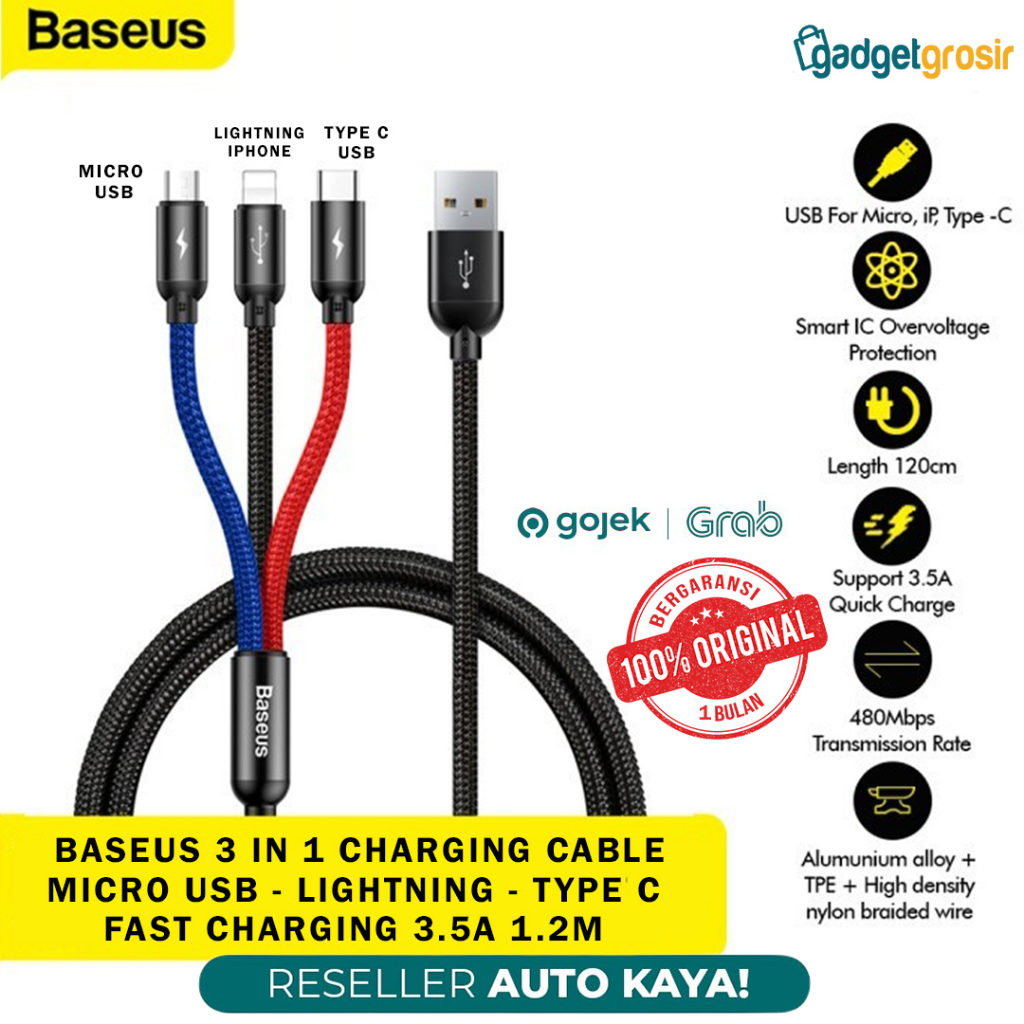 Jual Baseus Kabel 3 in 1 Type C Lightning Micro USB 3.5A 1.2M Three ...