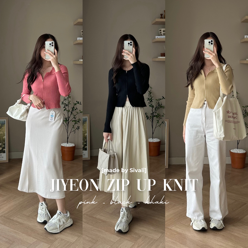 Jual SIVALI Jiyeon Zip Up Knit - Baju Wanita Rajut Zipper Lengan ...