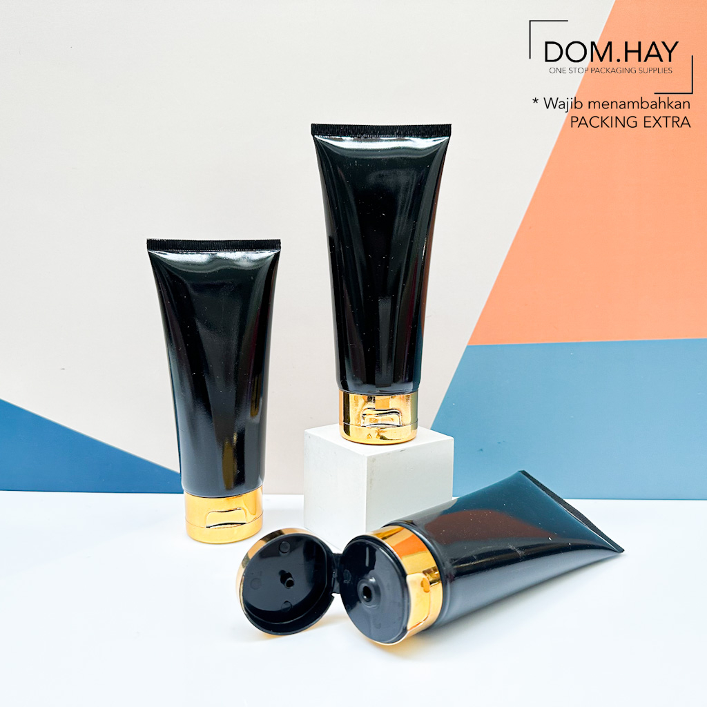 Jual 100ml Botol Tube HItam Tutup CROME GOLD Plastik Packaging Skin ...