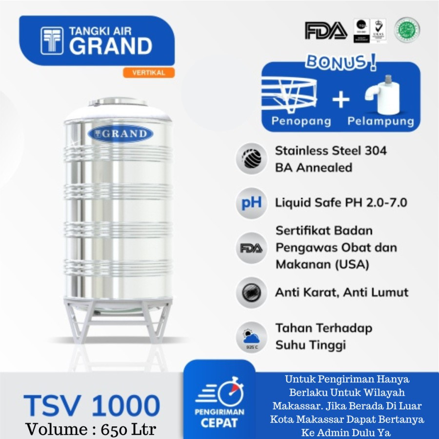 Jual Tandon Air Stainless Grand Vertikal 650 Liter TSV 1000 Tangki Air ...