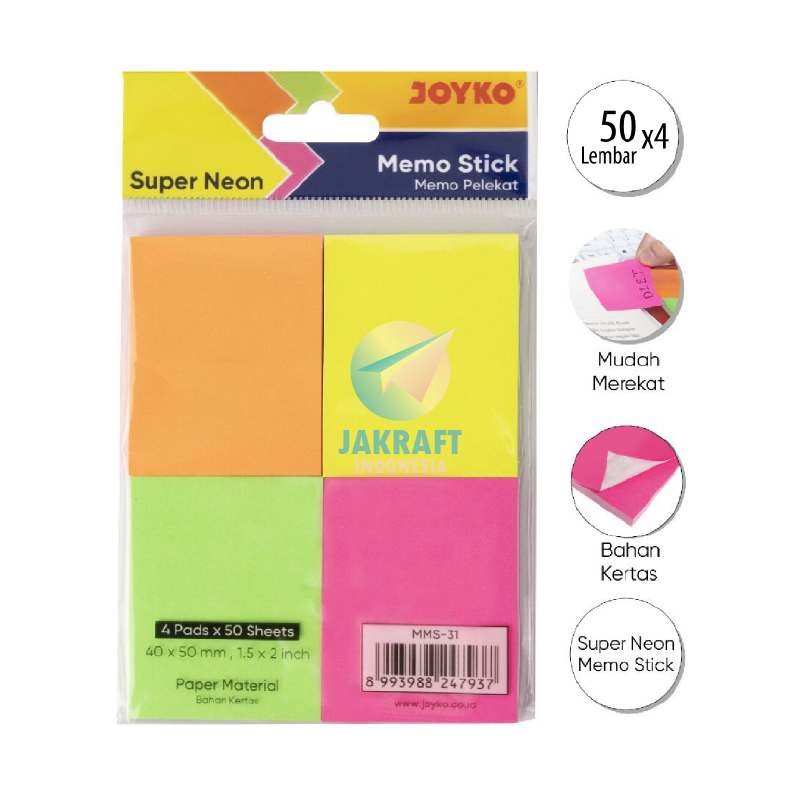 Jual (200 Lembar) Kertas Memo Tempel Super Neon JOYKO MMS-31 Sticky ...