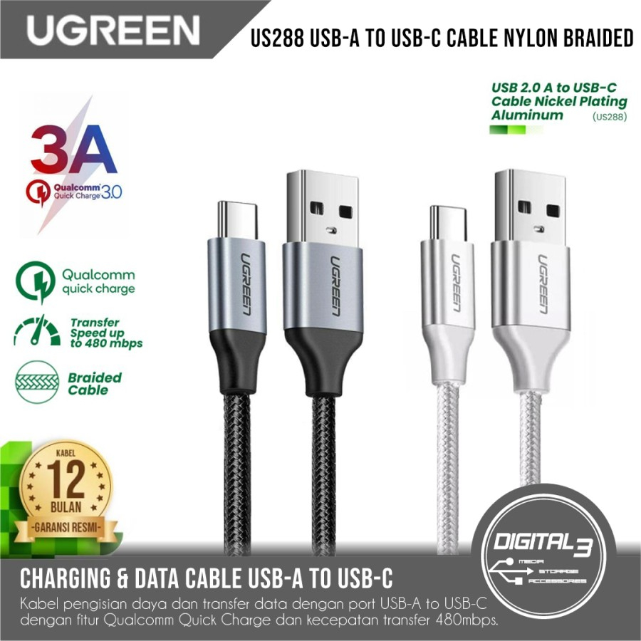 Jual Ugreen US288 Data Cable USB-A to Type C Nylon QC Fast Charging ...