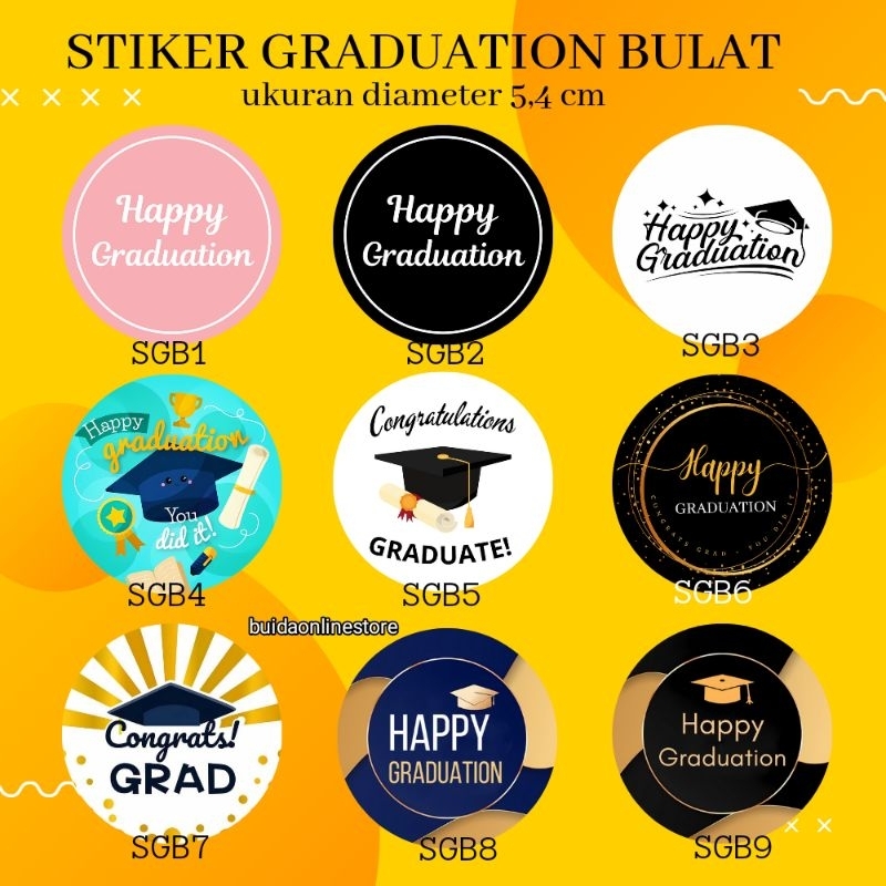 Jual Stiker Happy Graduation Bulat ukuran 4,4cm 5,4cm 7cm Kotak 6x6 7x7 ...