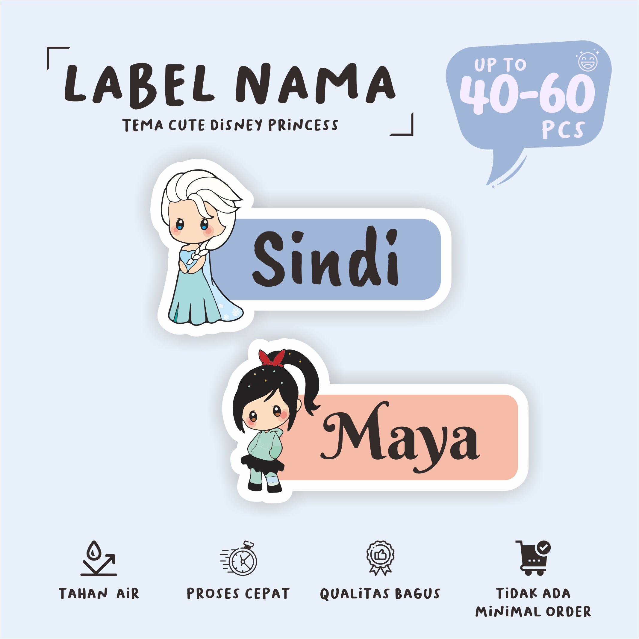 Jual (40 - 60 pcs) label nama waterproff DISNEY PRINCESS\stiker nama ...