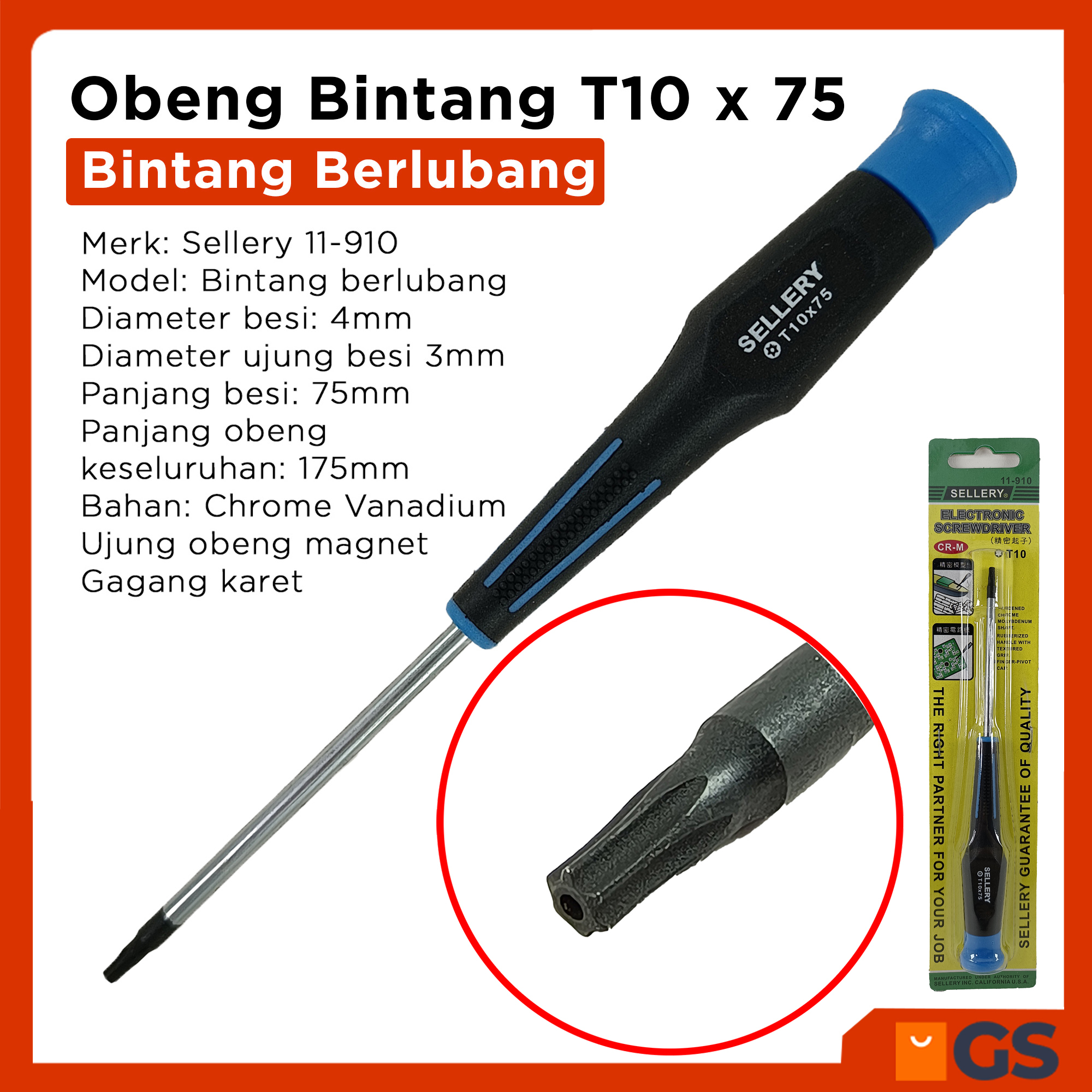 Jual Obeng Bintang T10 x 75 Sellery 11-910 Star Lubang Panjang Besi ...