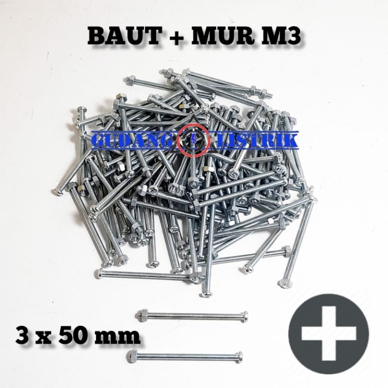 Jual 10 Set Baut Sekrup + Mur M3 Ukuran 3x50 mm Mata Obeng Plus ...