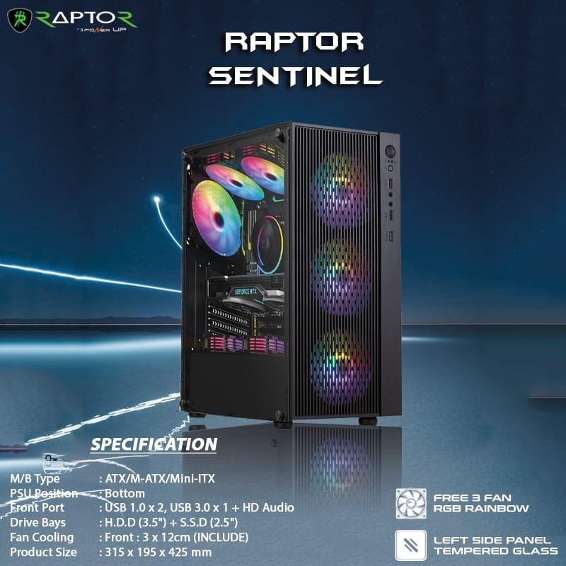 Jual Casing PC Gaming Raptor Sentinel With 3 RGB Fan | Shopee Indonesia