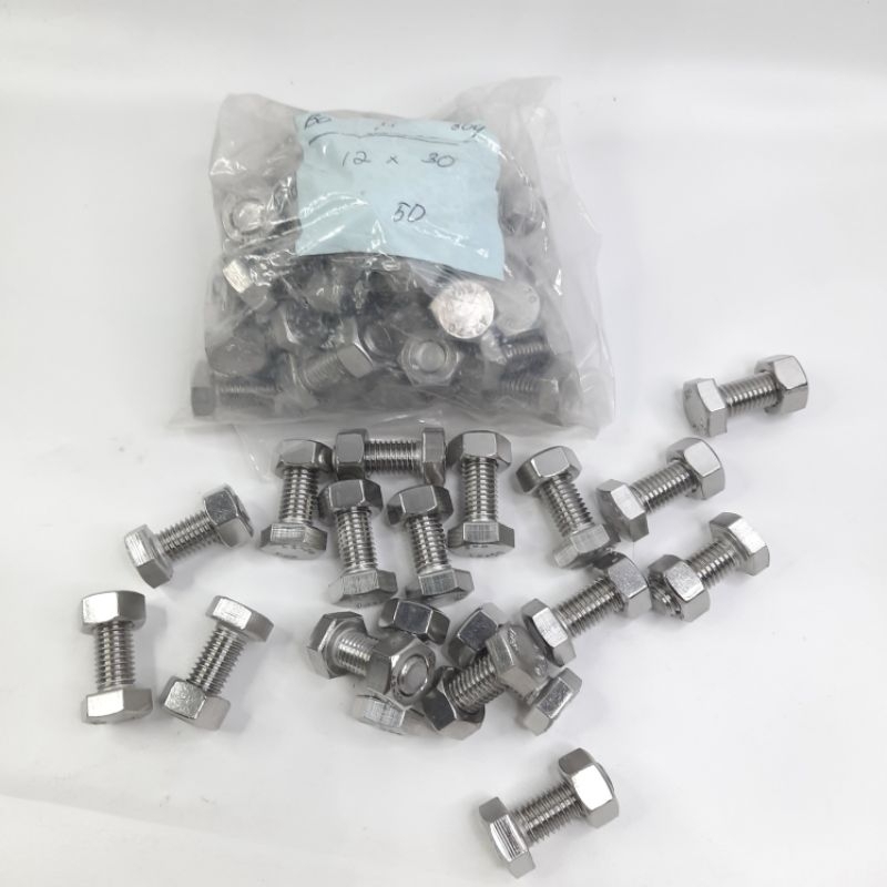 Jual Baut + Mur Hex Bolt + Nut Stainless SS 304 M12 X 30MM (Per Set ...