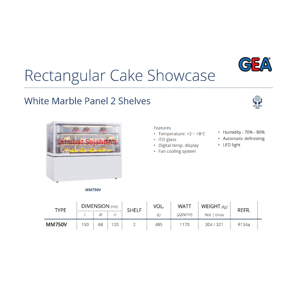 Jual GEA Rectangular Cake Showcase White Marble MM750V Karbinet Display Pendingin Pajangan Kue ...