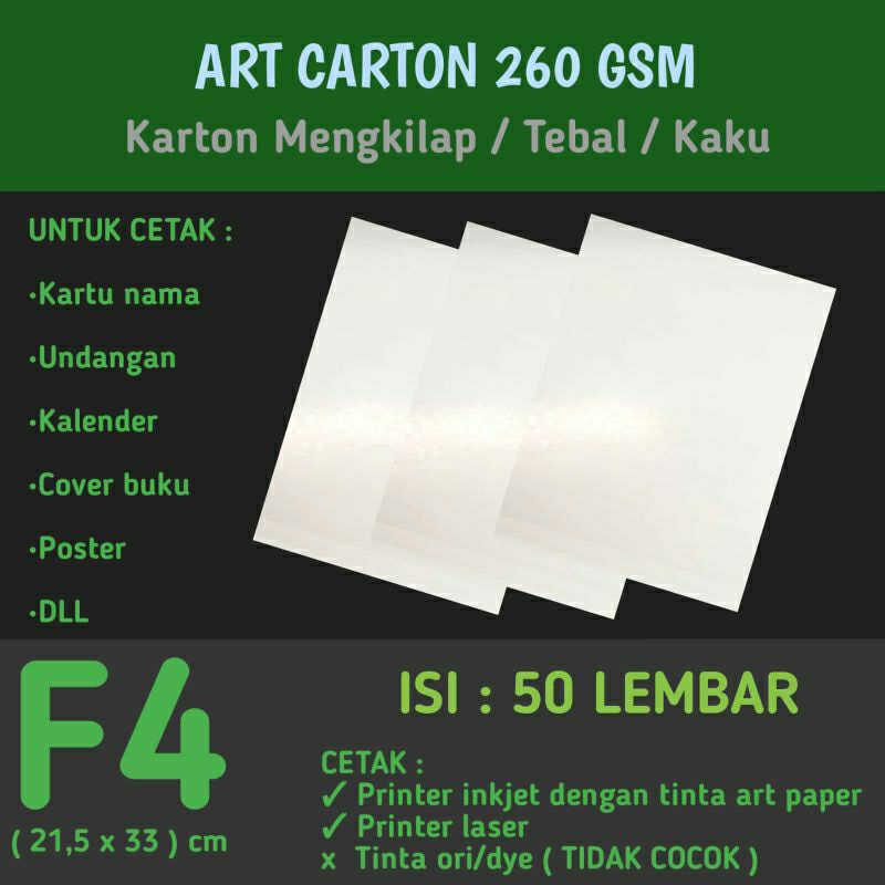 Jual Art Carton 260 gsm F4 isi 50 Lembar / Kertas Karton Paper Glossy ...