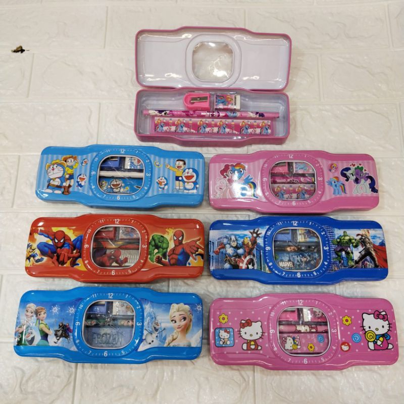 Jual Kotak Pensil Kaleng Bentuk Jam Kode 817 Pensil Box Stationary set ...
