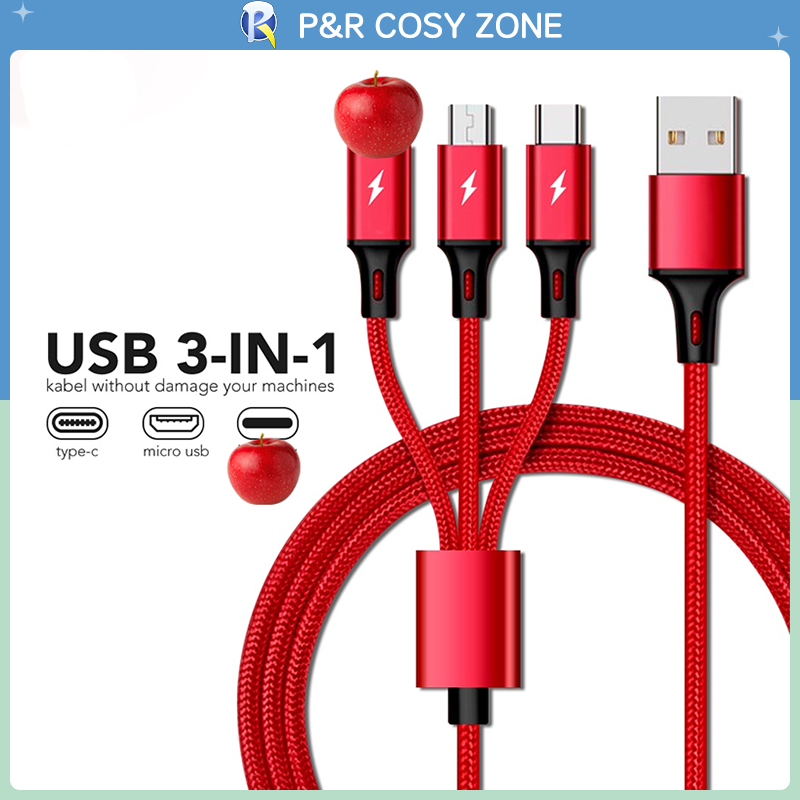 Jual PR Fast Charging 3.0A 1.2M Nylon Braided Cable kabel data 3 in 1 ...