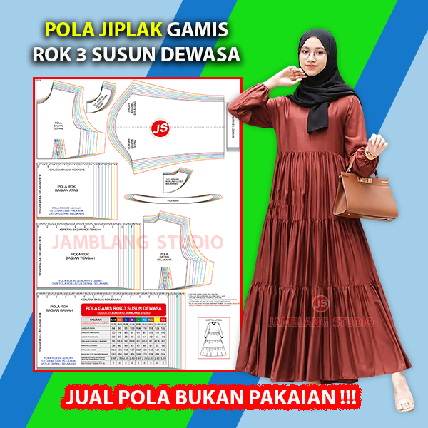 Jual Pola Jiplak Gamis Susun 3 Dewasa [ Pola Baju Jamblang Studio ...
