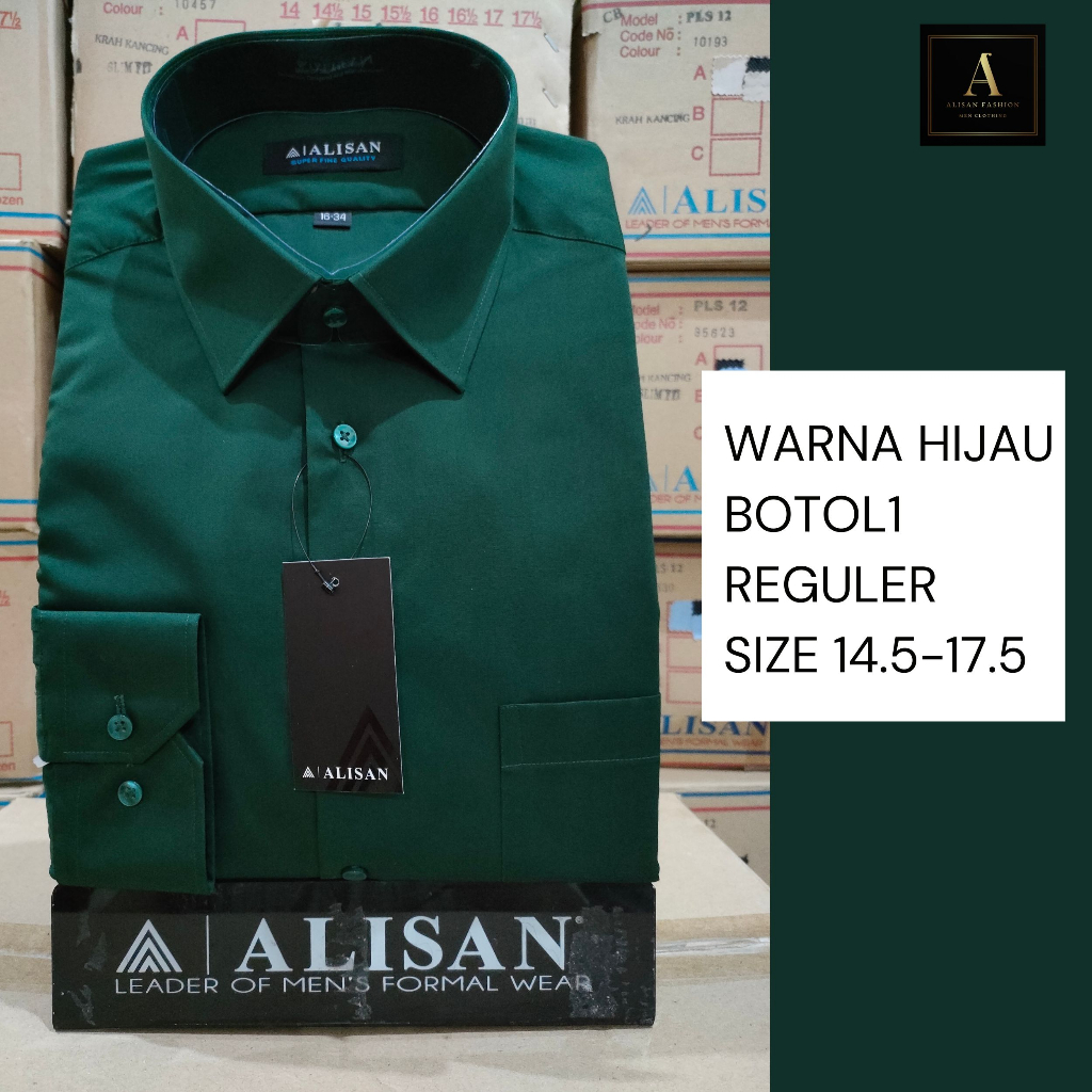 Jual Alisan Kemeja Pria Lengan Panjang Polos Reguler Warna Hijau Botol ...