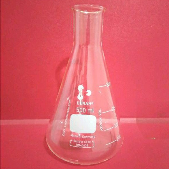 Jual Erlenmeyer 500ml Duran. Erlenmeyer Kaca 500mL Duran. Mulut Kecil ...