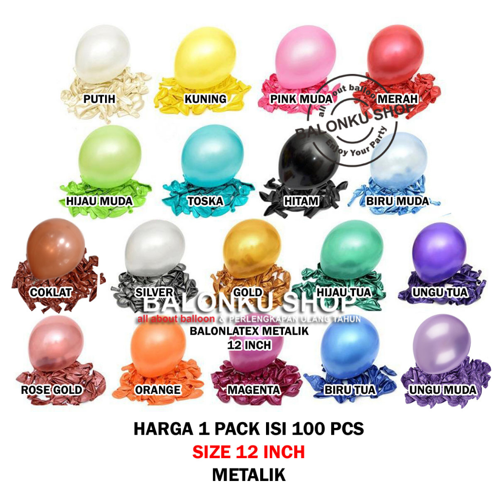Jual Balon Latex Metalik 12 inch isi 100 pcs / Balon Metalik isi 100 ...