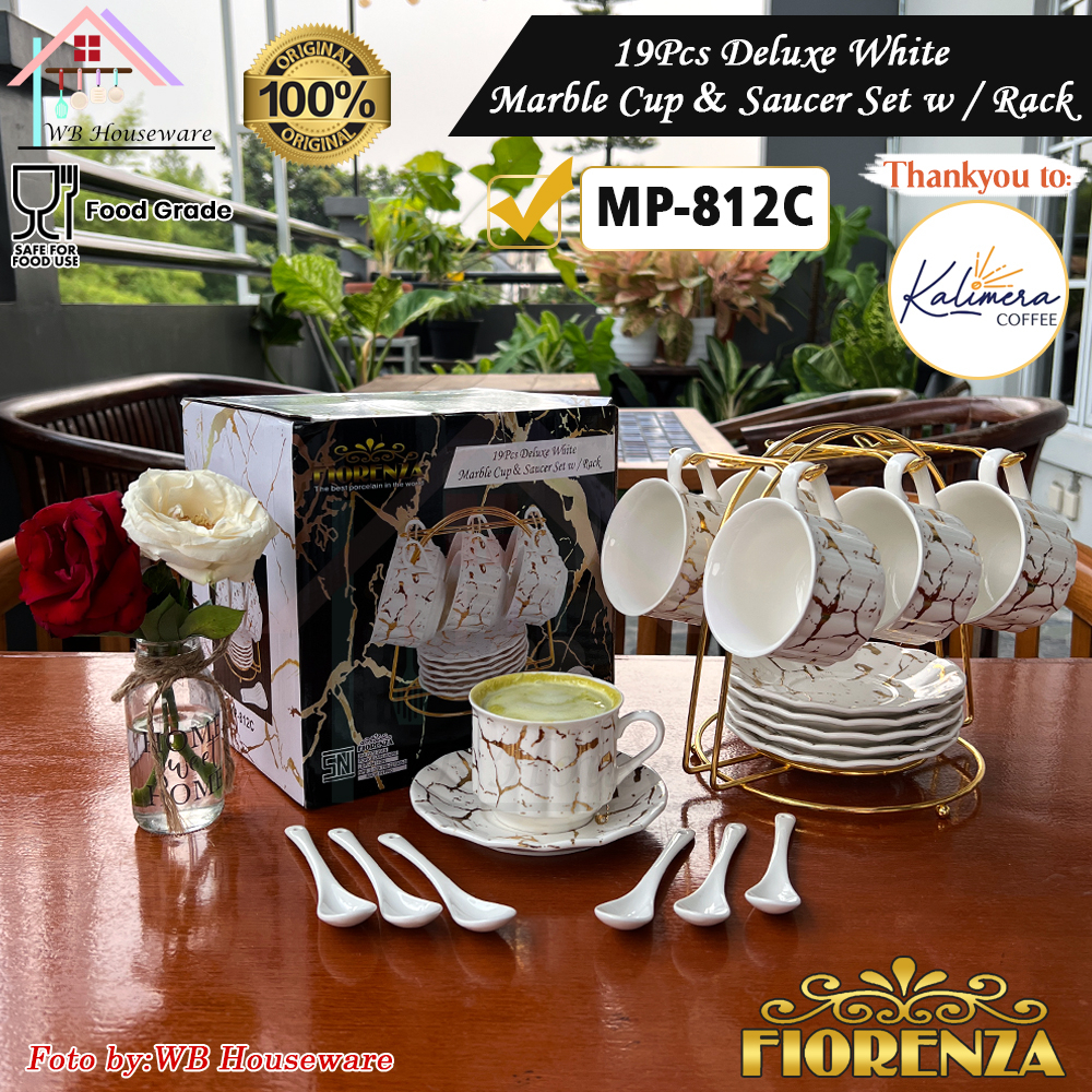 Jual FIORENZA 6 pasang cangkir set + sendok + rak series duluxe white marble 220ml / tea set ...