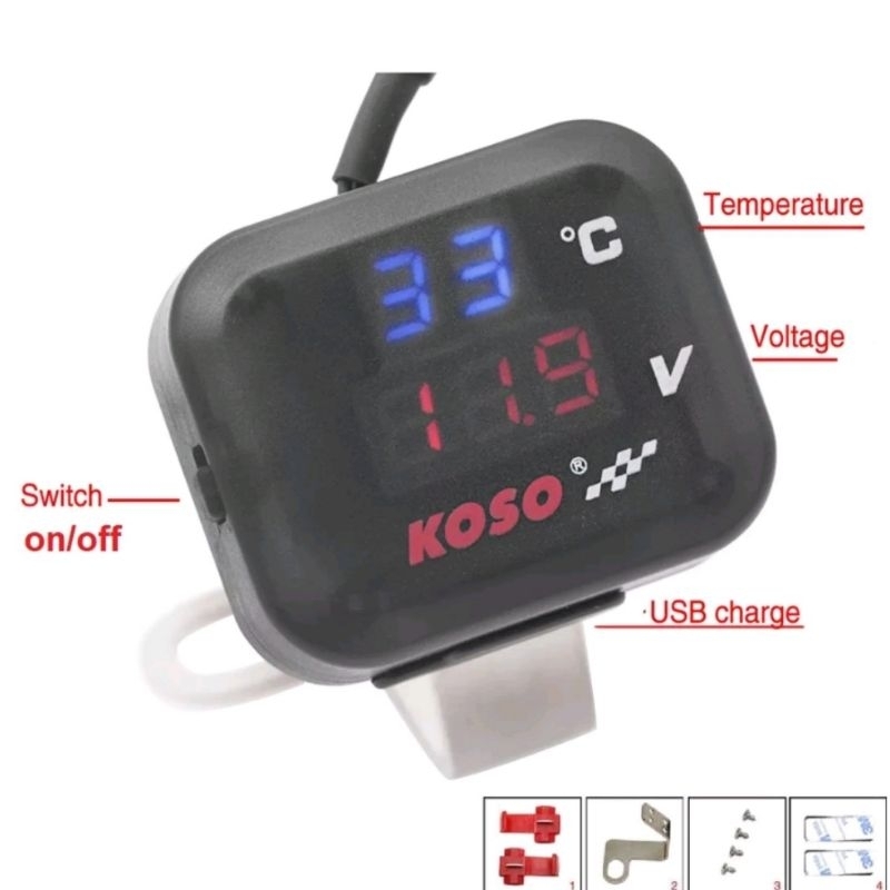 Jual VOLTMETER VOLT METER KOSO 3 IN 1 USB CHARGER TERMOMETER DIGITAL ...