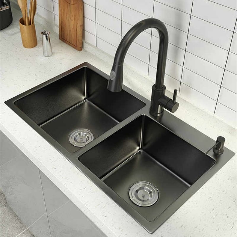 Jual KITCHEN SINK 7540 BLACK LENGKAP KRAN TARIK/KRAN FLEXIBLE/KITCHEN ...