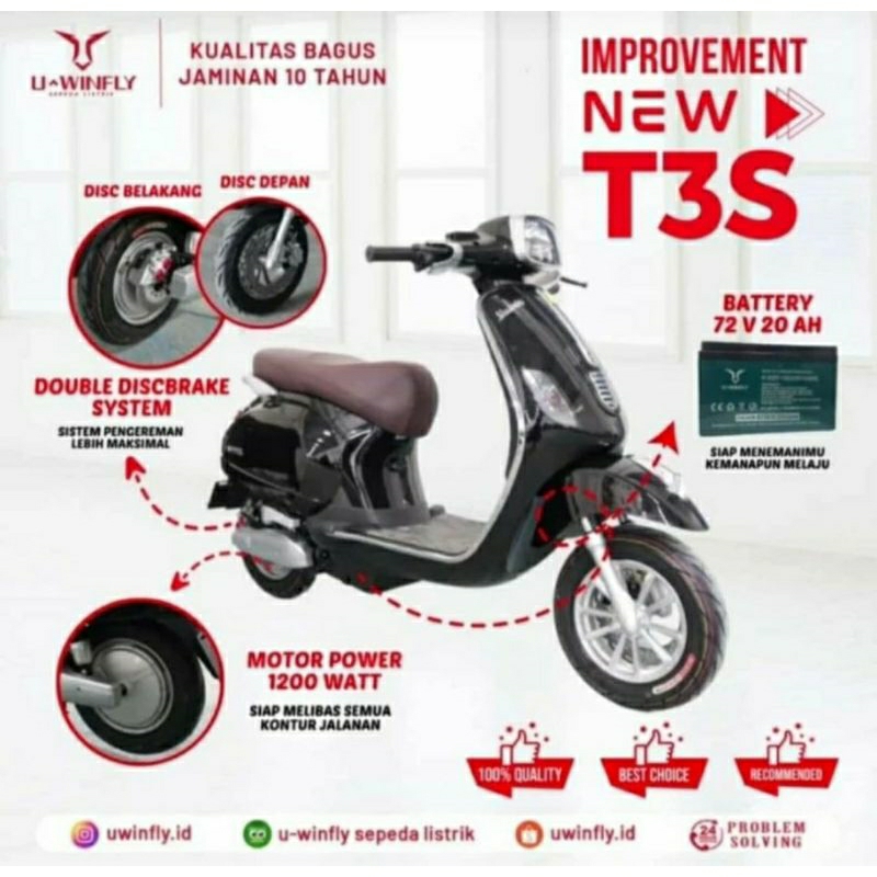 Jual Sepeda motor listrik UWINFLY T3S double disc brakes 1200 watt 20 ah | Shopee Indonesia