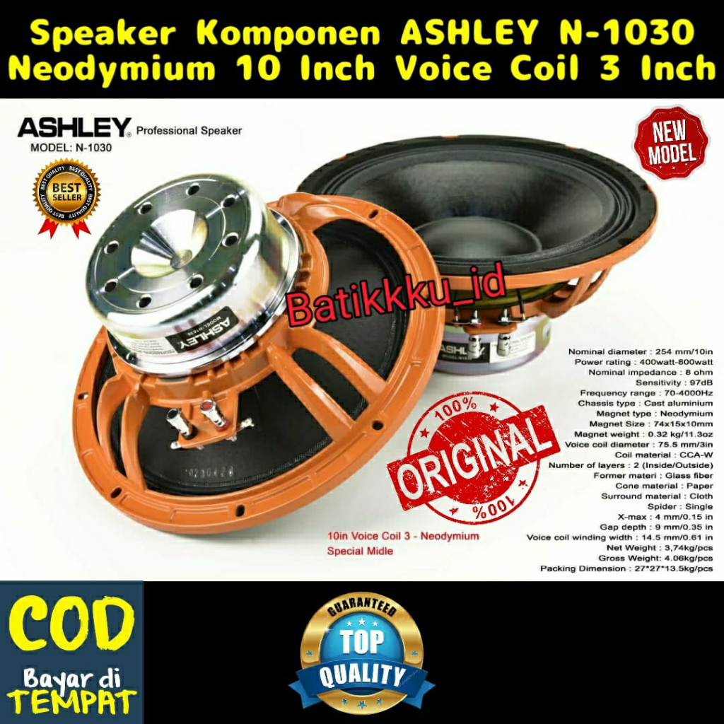 Jual Speaker Komponen ASHLEY N1030 N 1030 ORIGINAL 10 INCH COIL 3 INCH ...