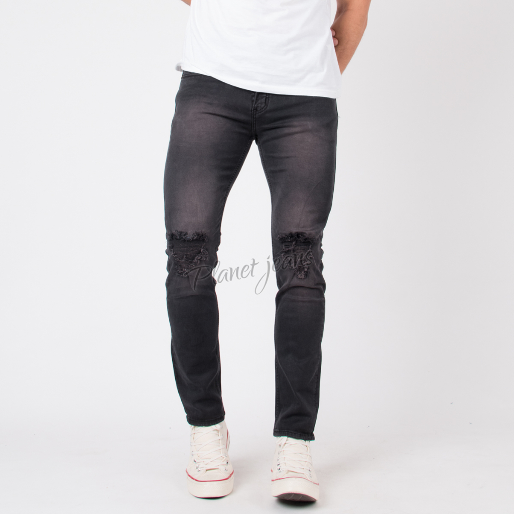 Jual Celana Jeans Pria Robek Lutut - Ripped Dark Grey Slimfit Skinny ...