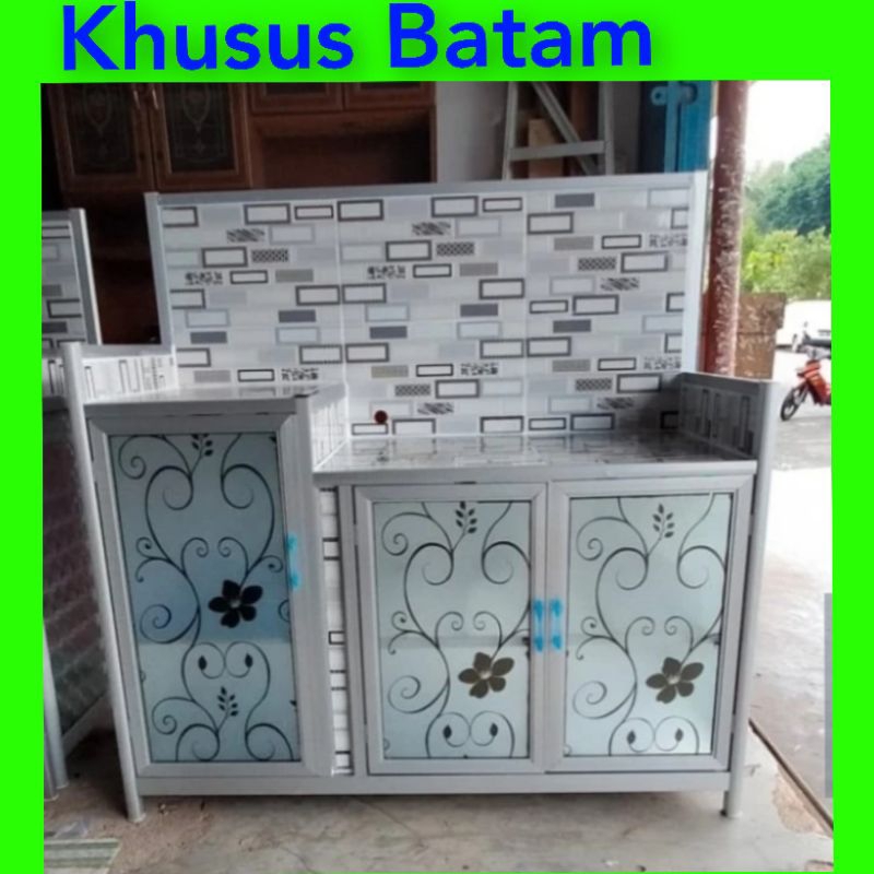 Jual MEJA KOMPOR 3PINTU KACA MOTIF ALUMINIUM/rak kompor/lemari kompor ...