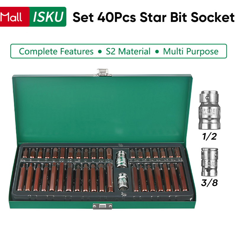 Jual ISKU Star Hex Spline Bit Set 40pcs mata kunci sock L bintang Drill ...