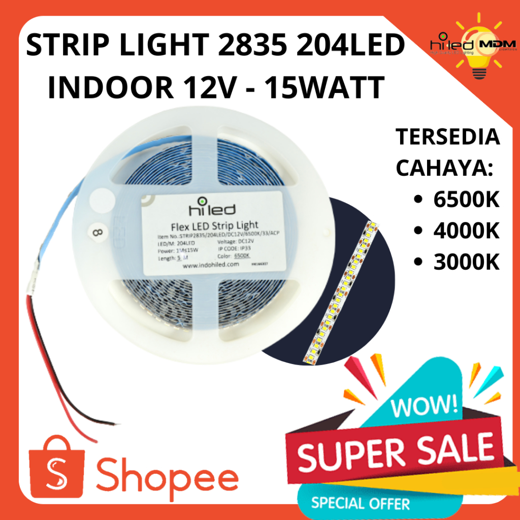 Jual Lampu/LED Strip HILED 2835 204 LED INDOOR 12V 15WATT | Shopee ...